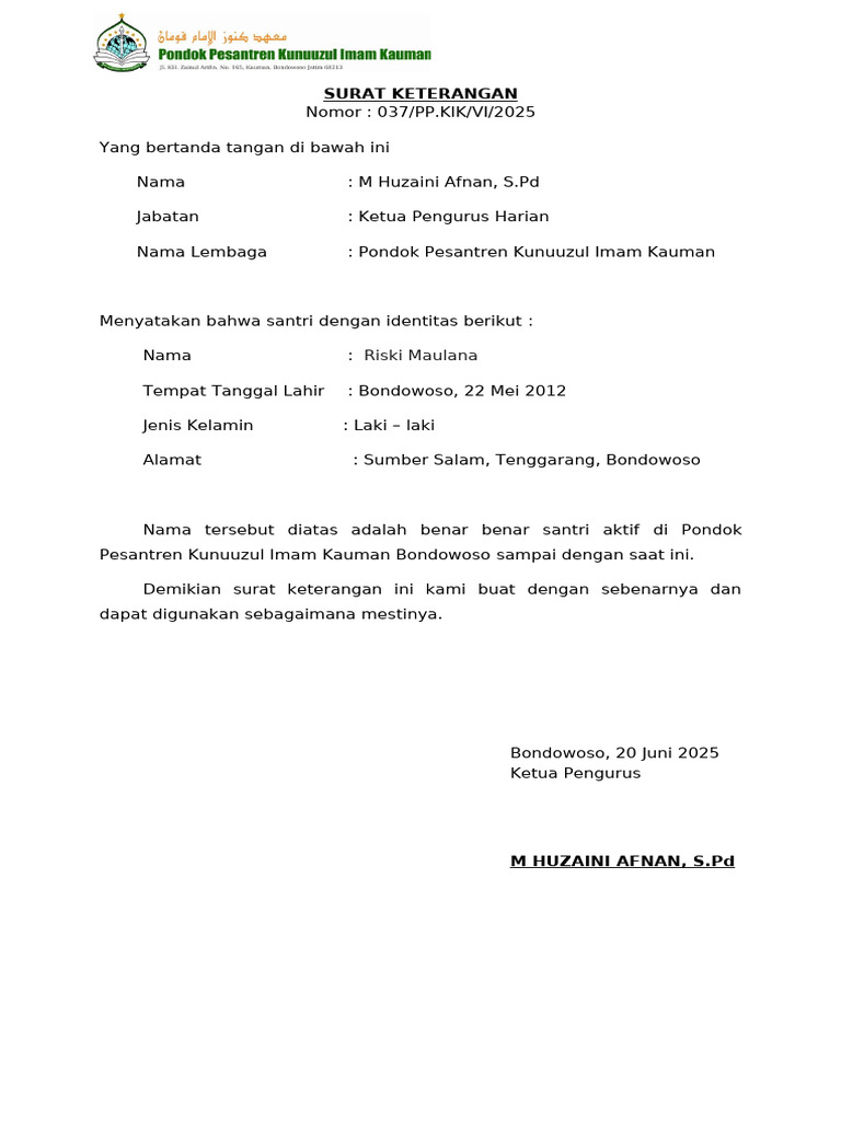 SURAT KETERANGAN Masuk Pondok | PDF