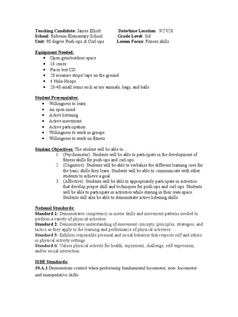 3rd Grade Fitness Lesson Plan: Push-ups & Curl-ups | PDF | Career ...