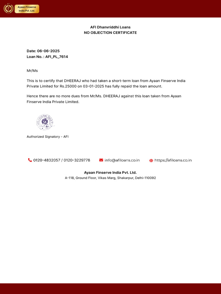 AFI Dhanvriddhi Loans No Objection Certificate | PDF