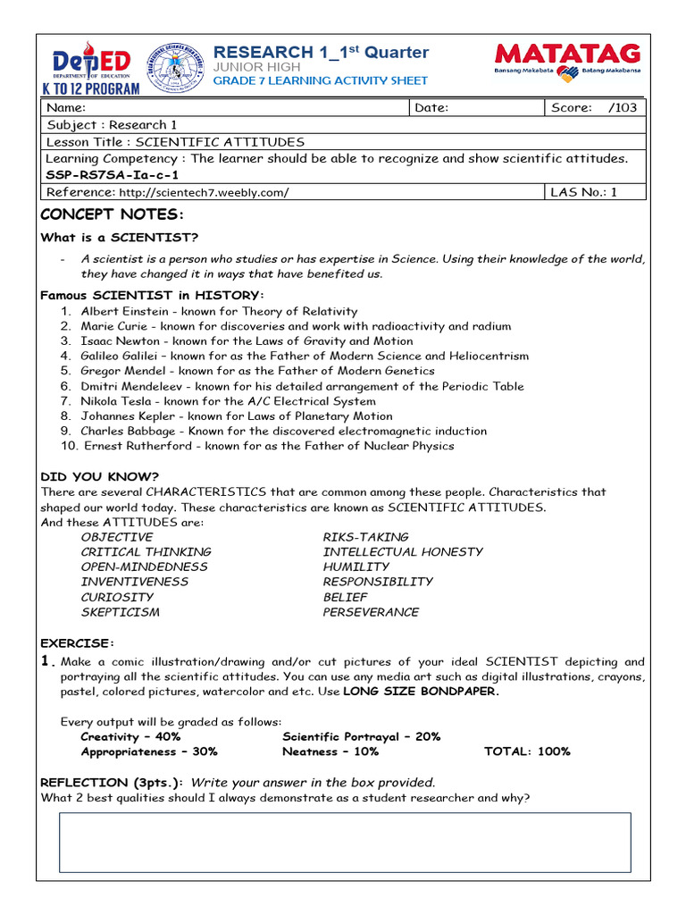 Learning Activity Sheet 1 Scientific Attitudes | PDF | Science