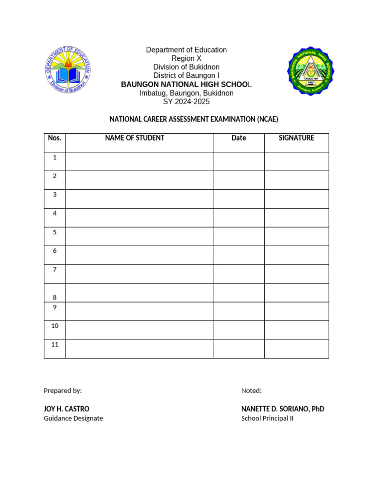 NCAE Student Assessment Form 2024-2025 | PDF
