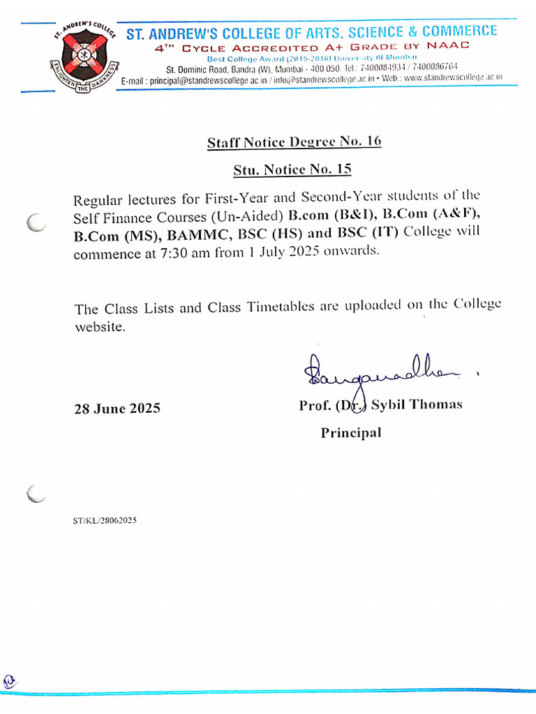SFC Regular Lectures Notice For FY SY 2025 2026 | PDF