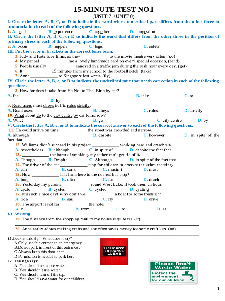 15 - Minute Test Lớp 7 - Unit 7,8 | PDF