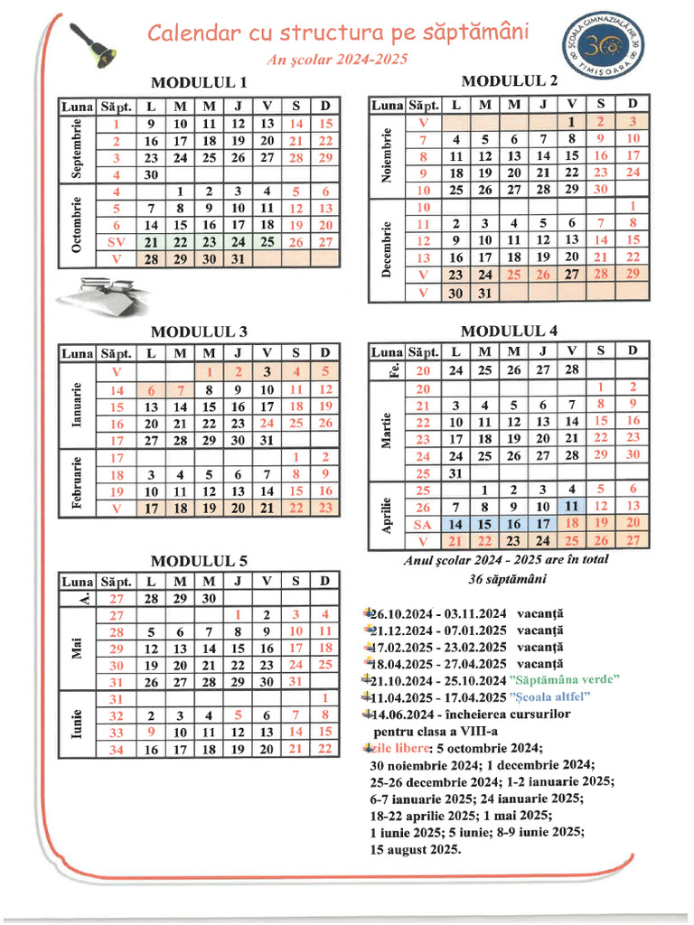 Revenire - Structura Anului Scolar 2024-2025 | PDF