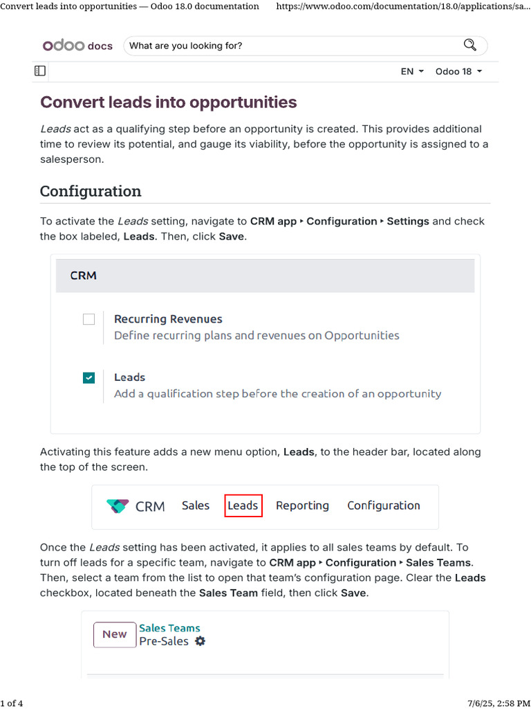 Convert Leads Into Opportunities - Odoo 18.0 Documentation | PDF | Software | Computing