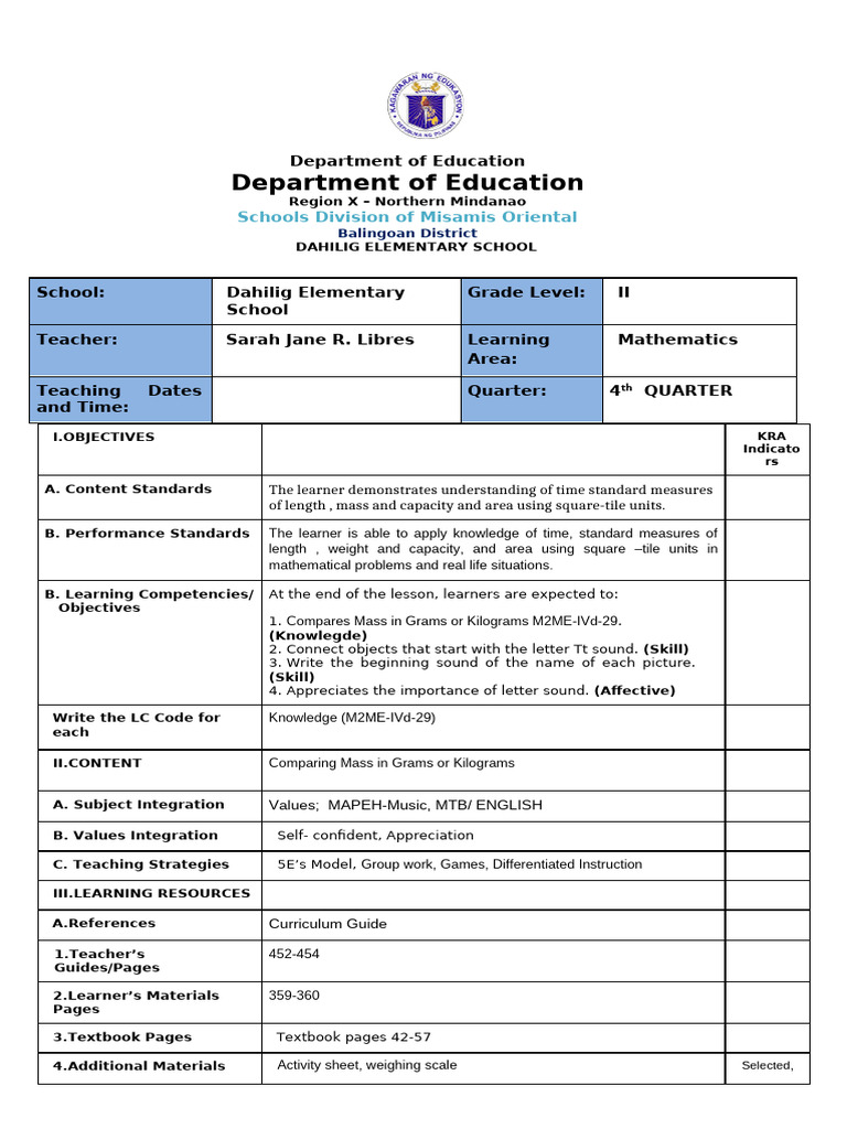 Grade 2 Math Lesson Plan on Mass | PDF | Learning | Kilogram