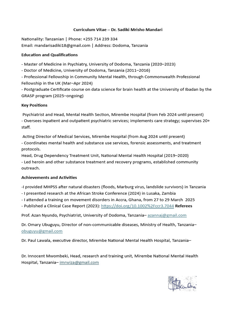 Dr. Sadiki Mandari's CV: Mirembe Hospital | PDF