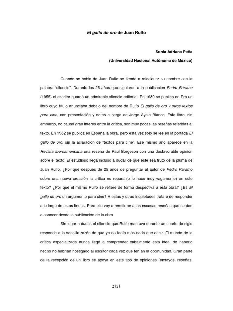 Análisis de "El gallo de oro" de Rulfo | PDF | Novelas | Autor