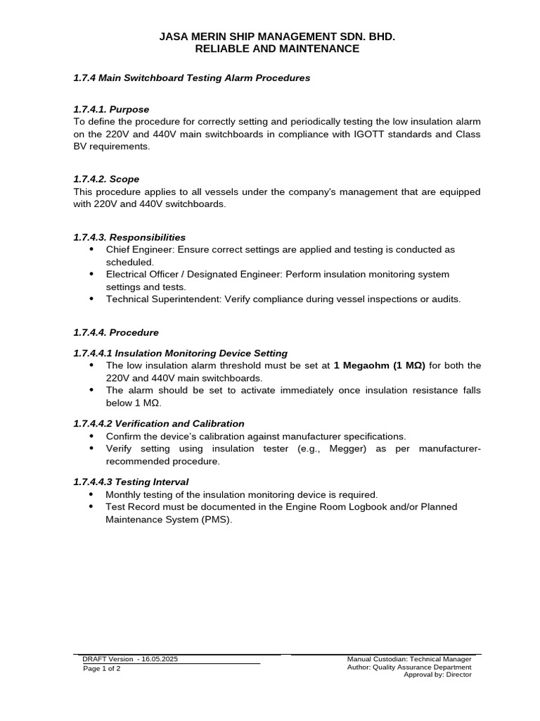 1.7 Main Switchboard Alarm Testing Procedures | PDF | Verification And ...