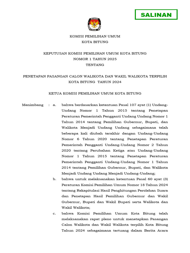 Penetapan Walikota Bitung 2024-2025 | PDF