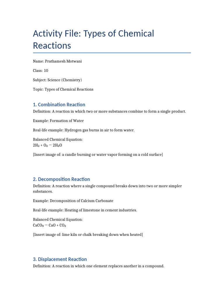 Types of Chemical Reactions Project | PDF