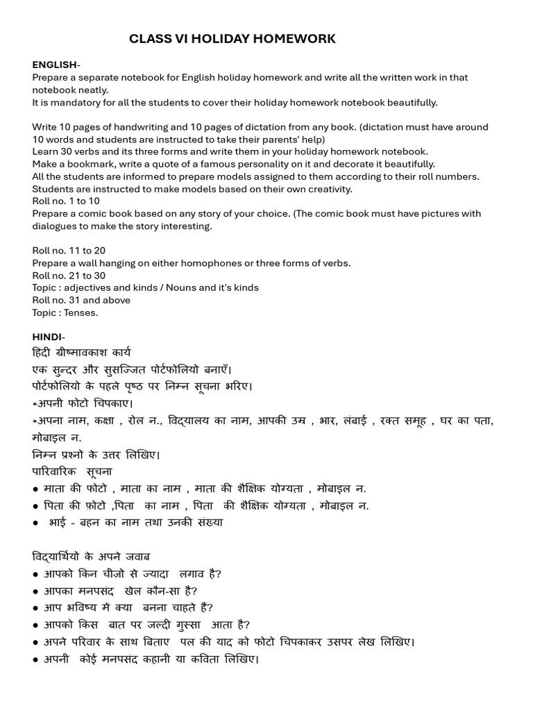 Class Vi (2025-26) Holiday Homework | PDF | Pattern | Newspapers