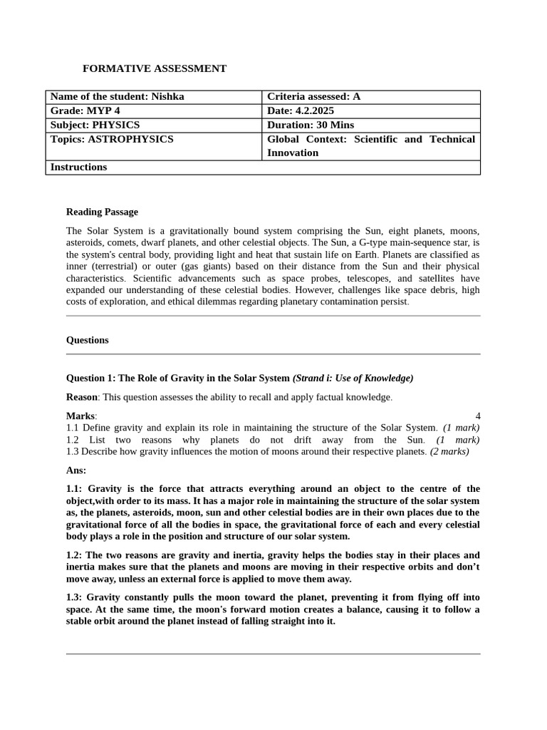 Formative Assessment: Astrophysics Insights | PDF | Planets | Solar System
