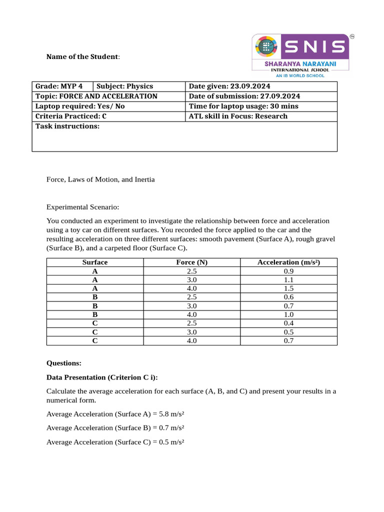 MYB 4B Nishka Phy Homework Force and Acceleration | PDF | Force | Validity (Statistics)