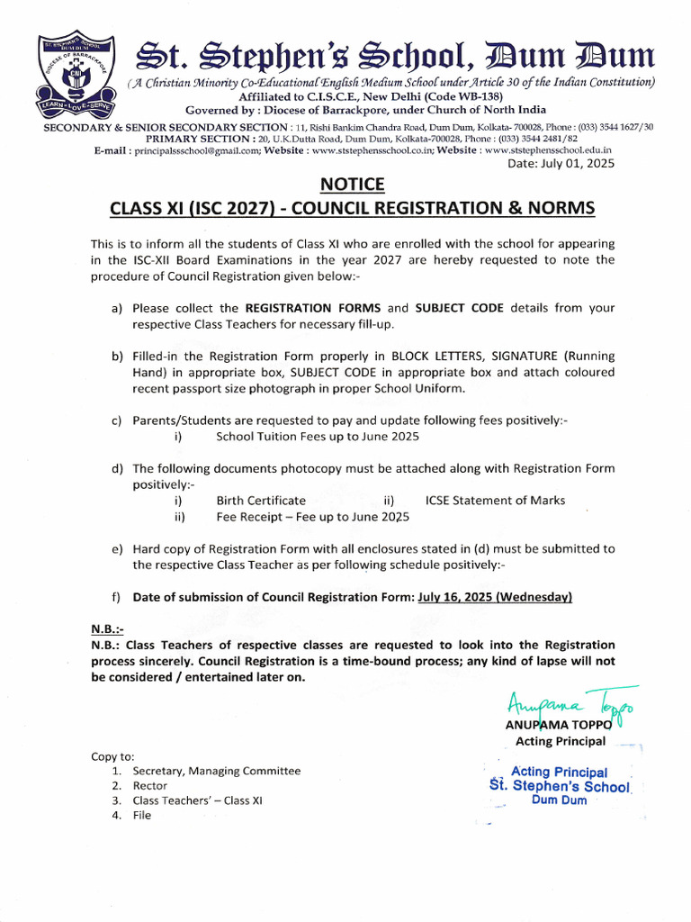 Notice - Class XI (ISC 2027) - Council Registration & Norms | PDF