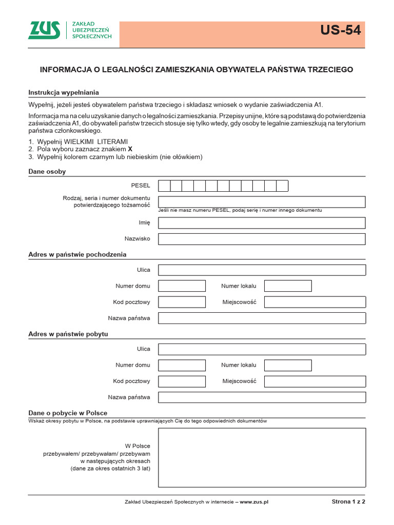 ZUS - US-54 - Informacja o Legalności Zamieszkania o | PDF