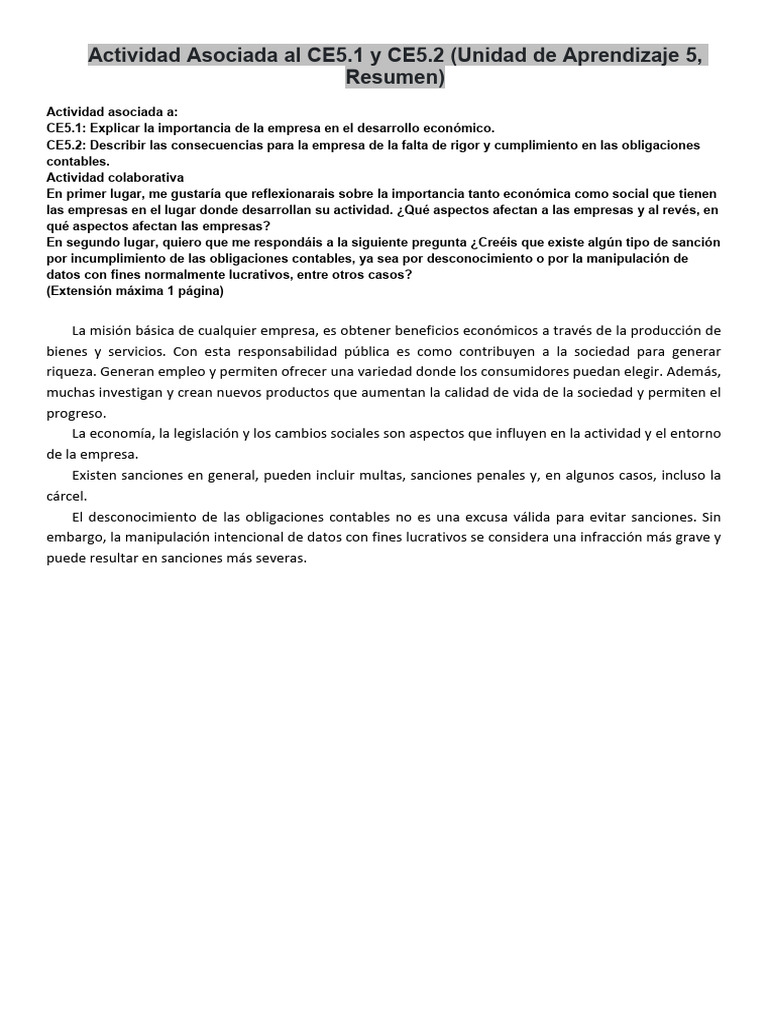 Actividad Asociada Al CE5.1 y CE5.2 (Unidad de Aprendizaje 5, Resumen) | PDF