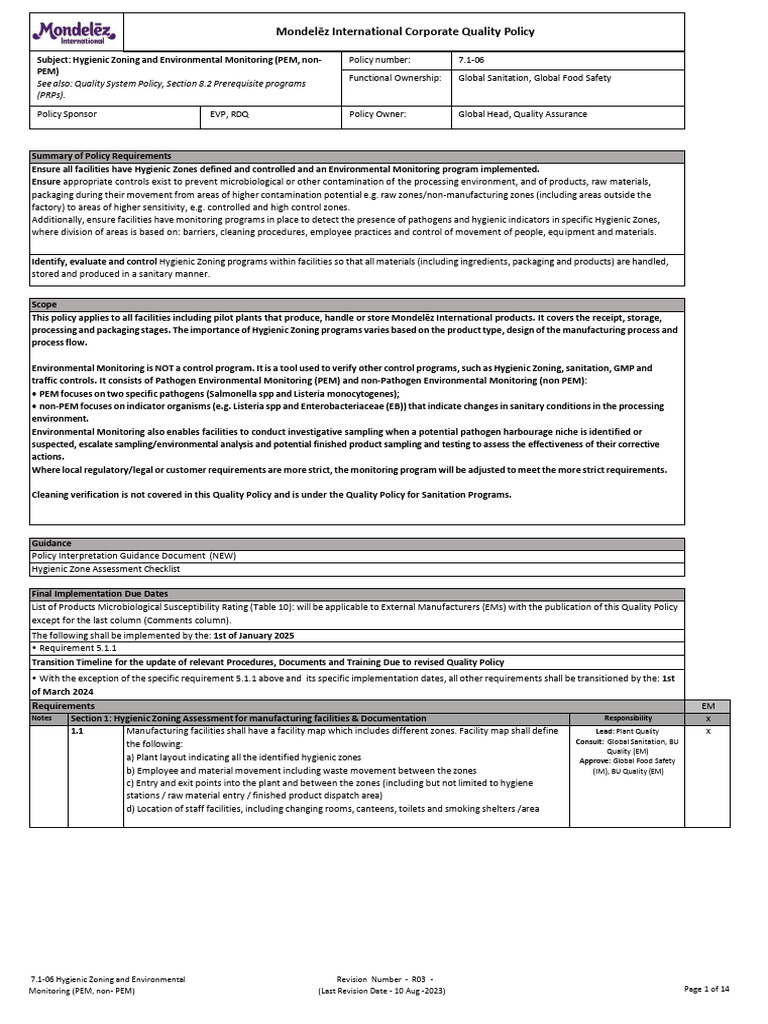 QUA-En-7106 Hygenic Zones & Hygenic Monitoring Programe | PDF | Hygiene | Environmental Monitoring