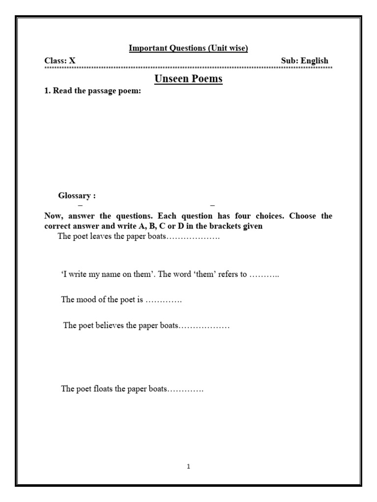 Unseen Poems with Questions for Class 10 | PDF | Trees