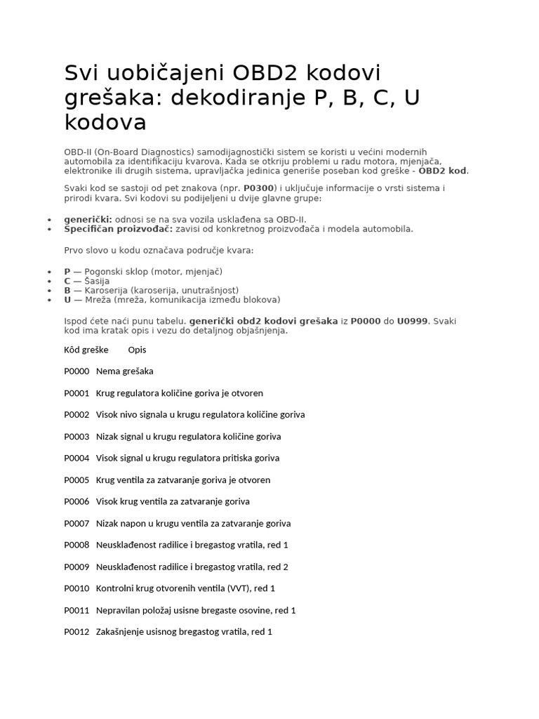 Svi Uobičajeni OBD2 Kodovi Grešaka | PDF