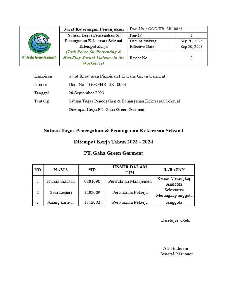 SK Satuan Tugas Pencegahan & Penanganan Kekerasan Seksual Diempat Kerja | PDF