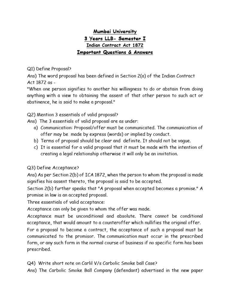 Questions & Answers On Indian Contract Act | PDF | Injunction | Consideration