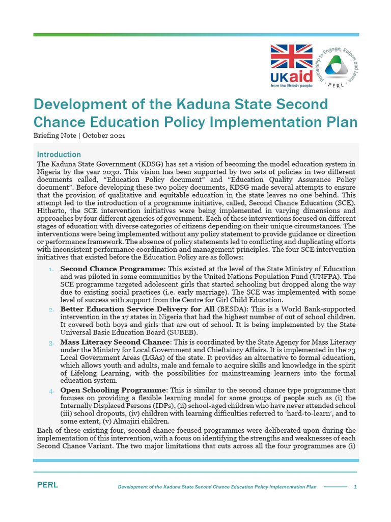 Kaduna State Second Chance Education Plan | PDF | Policy | Learning