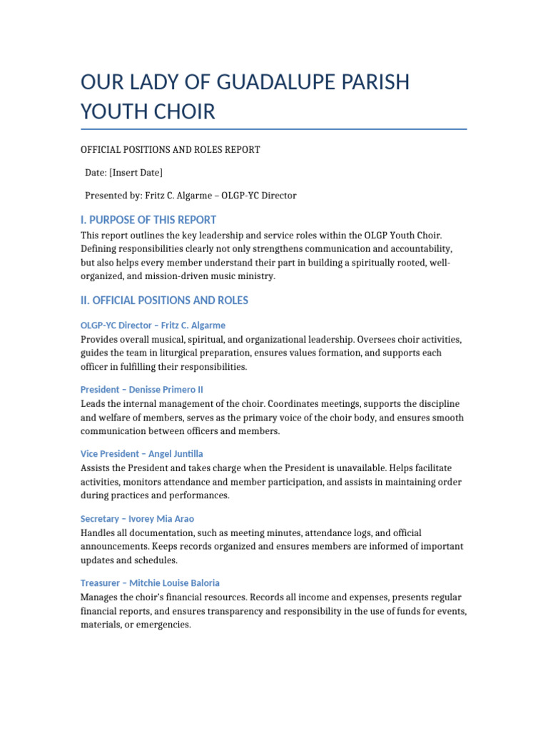 OLGP Youth Choir Positions Report | PDF | Choir