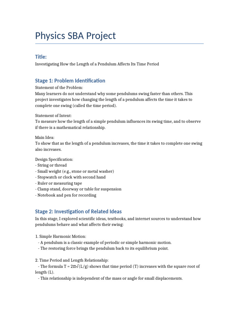 Physics SBA Pendulum Project | PDF | Pendulum | Mechanics