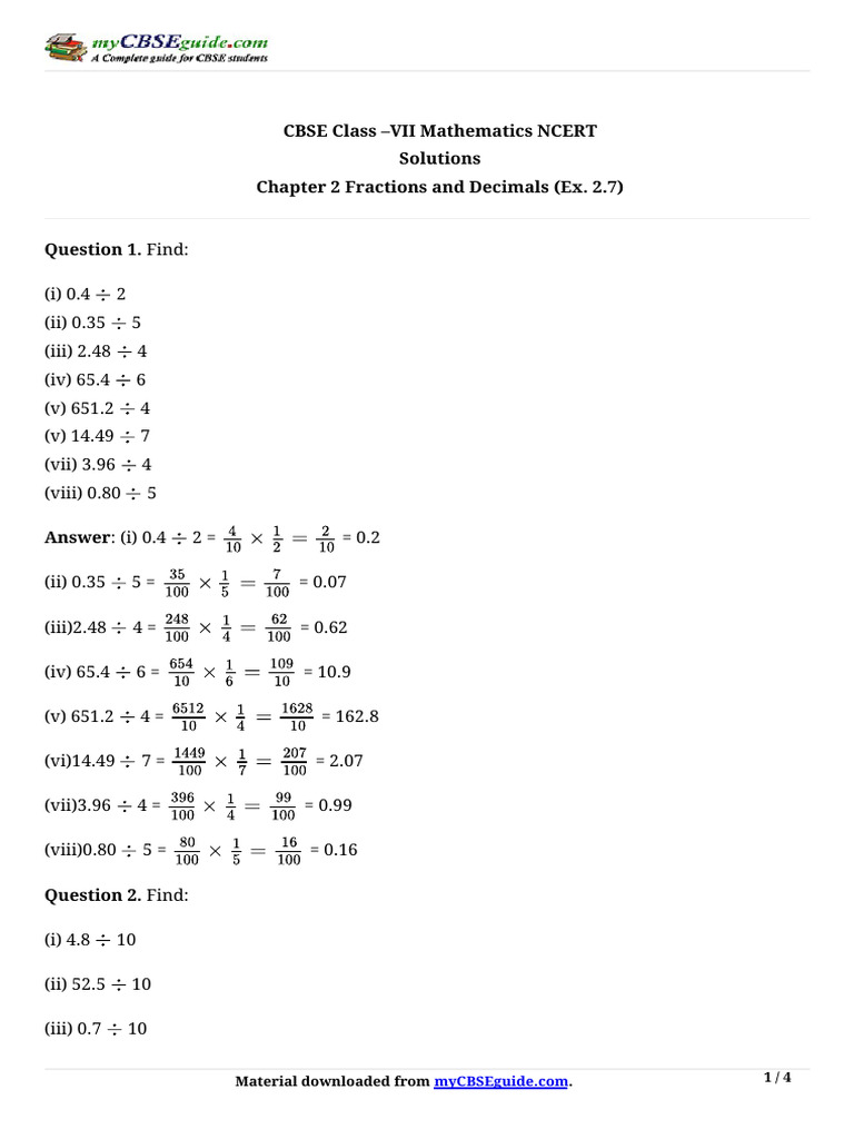 Math CH 02 Fractions and Decimals Ex 2.7 | PDF | Mathematics | Arithmetic