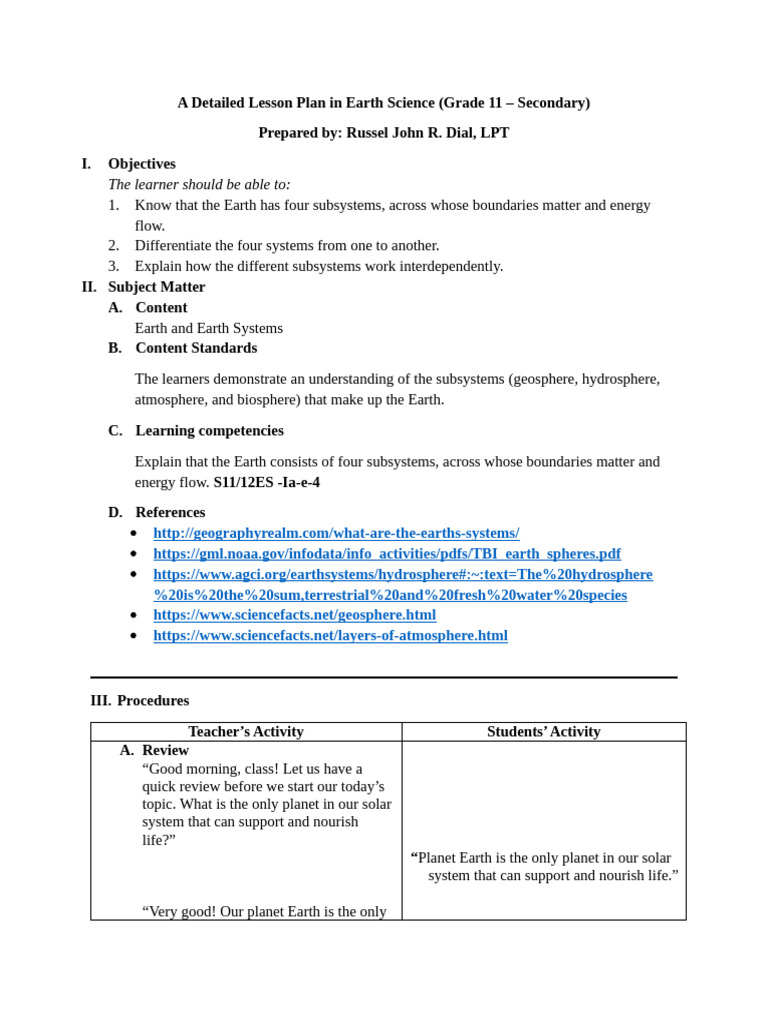 A Detailed Lesson Plan In Earth Science Pdf Earth Earth Sciences