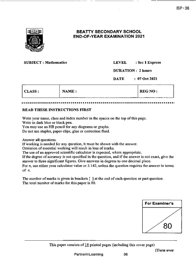 Math - Sec 1 - SA 2 - 2021 - Beatty Sec No Keys | PDF | Mathematics