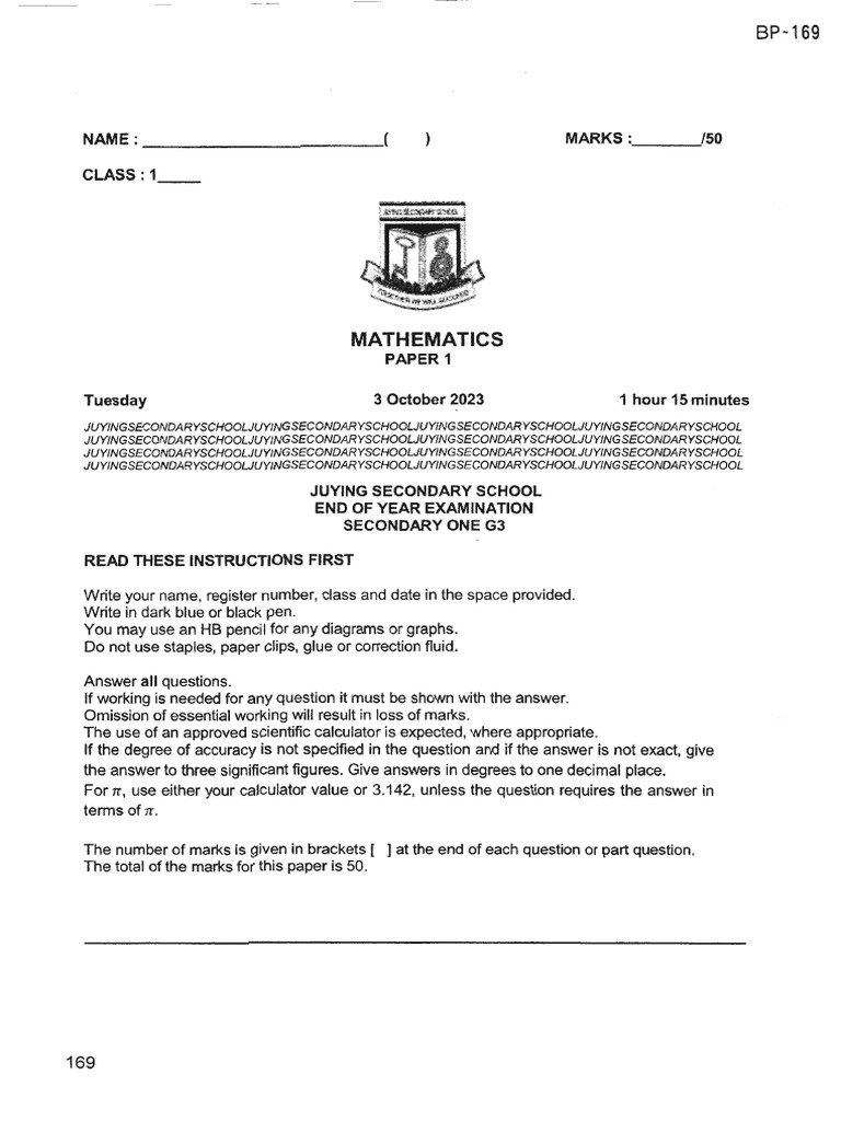 Math - Sec1 - SA2 - 2023 - Juying Sec No Keys | PDF | Significant ...