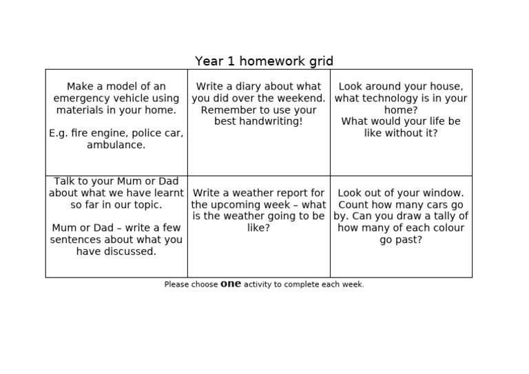 Year 1 Homework Grid | PDF