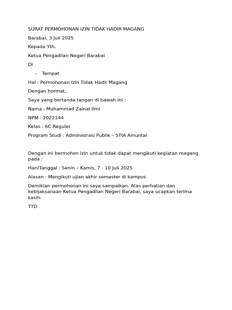 Surat Izin Cuti Magang | PDF