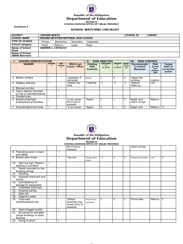 (Template) School Watching Checklist With Hirac | PDF