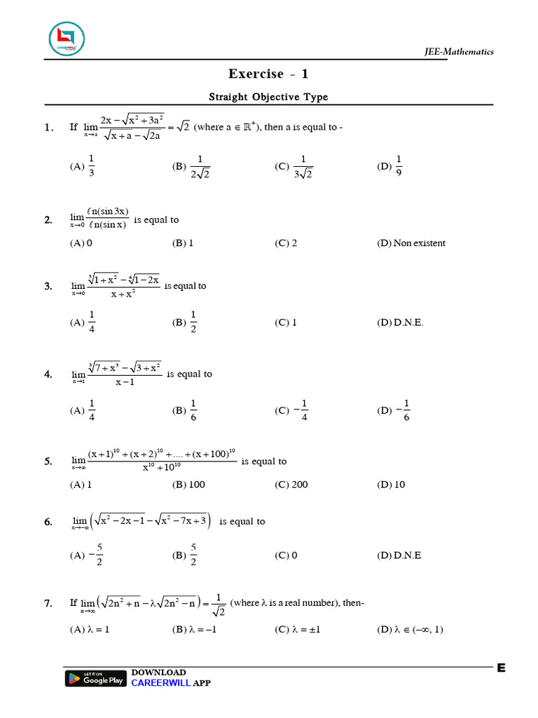 Sheet - 01 - Limits - 587235 - Crwill | PDF | Elementary Mathematics | Mathematics