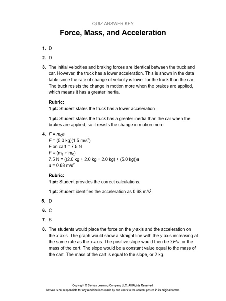 Force, Mass, and Acceleration Quiz Key | PDF | Force | Acceleration