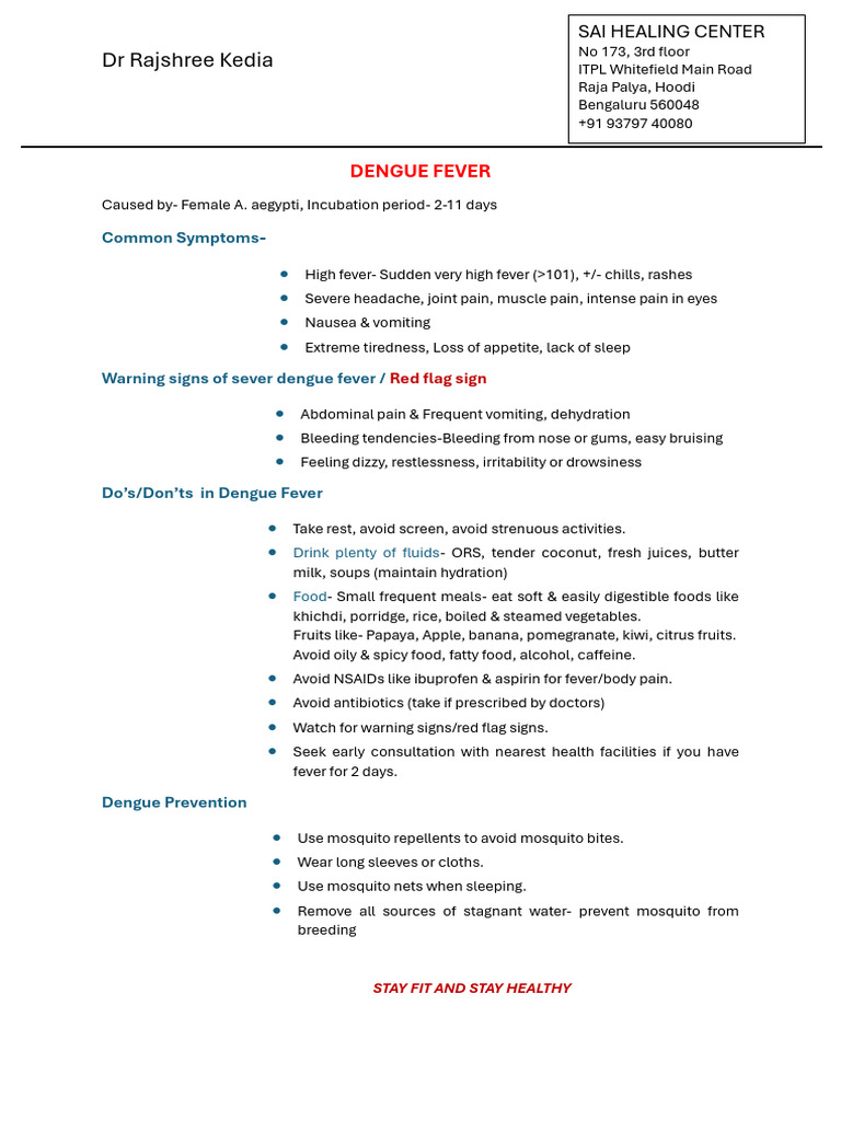 Dengue Fever Facts & Care | PDF | Symptoms And Signs | Diseases And ...