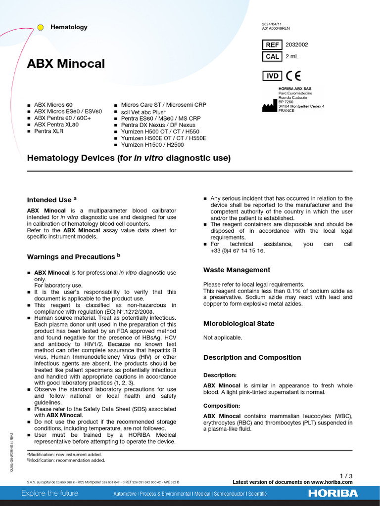 ABX Minocal Calibration Guide | PDF | Medical Specialties | Blood
