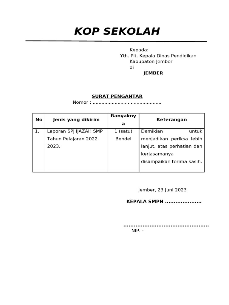 Surat Pengantar SPJ Ijazah 2022-2023.contoh | PDF