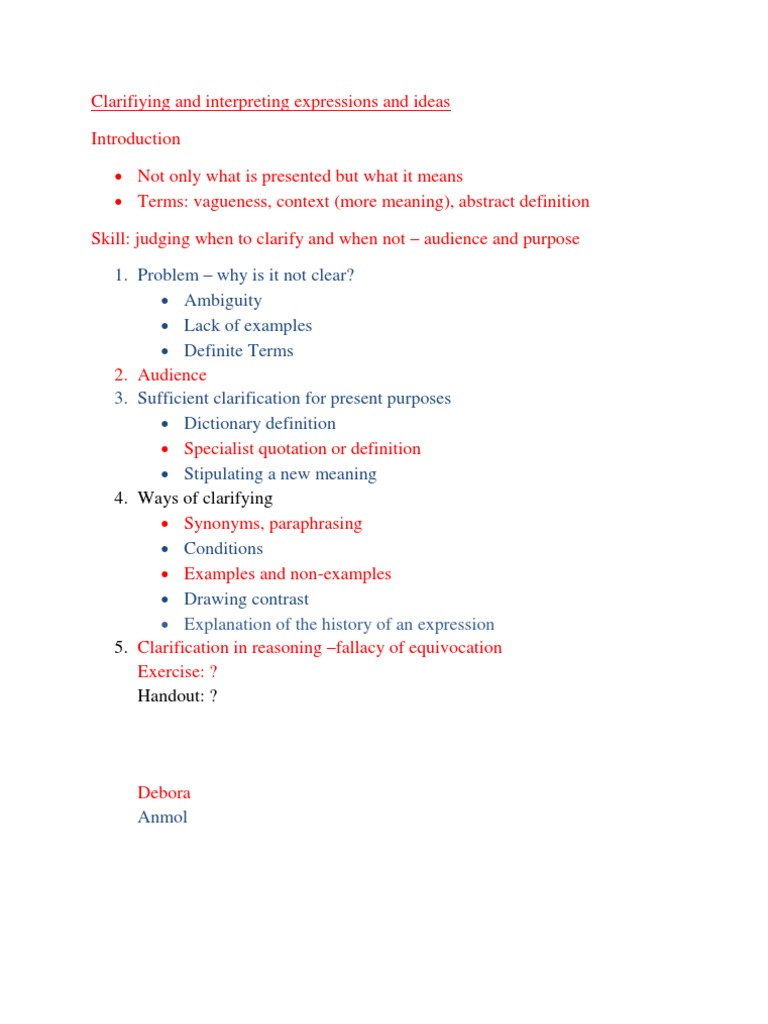 Clarifying and Interpreting Expressions and Ideas - Outline and ...