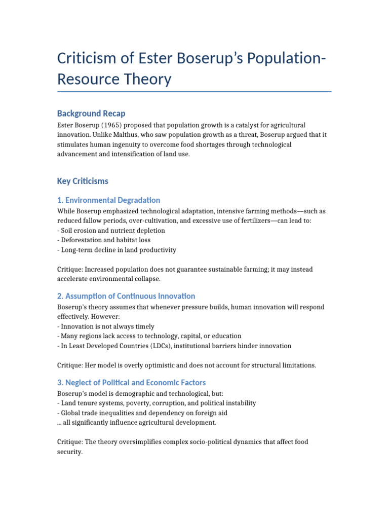 Criticism of Ester Boserup Theory | PDF | Agriculture | Economic Growth