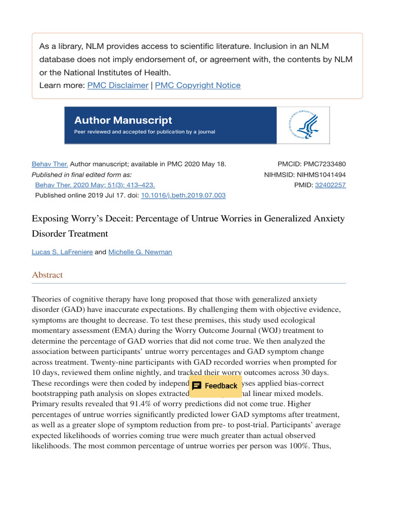 Exposing Worry's Deceit - Percentage of Untrue Worries in Generalized ...