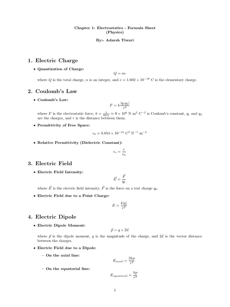 Electrostatics Formula Sheet | PDF | Electric Field | Flux