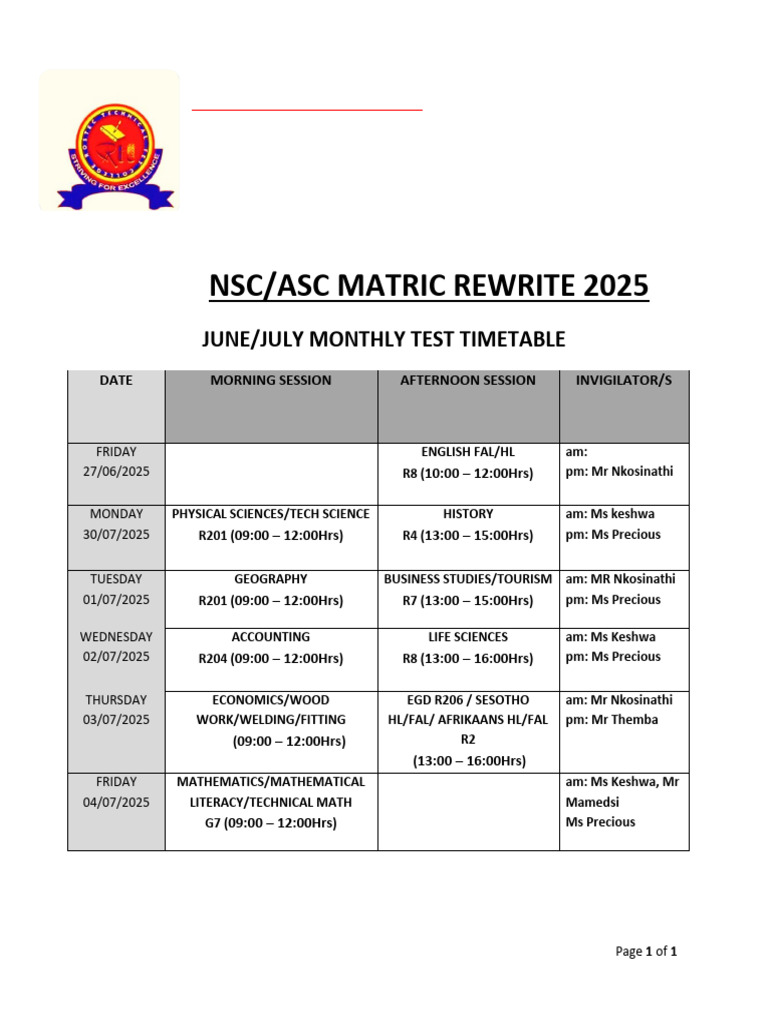 July Monthly Test Timetable | PDF