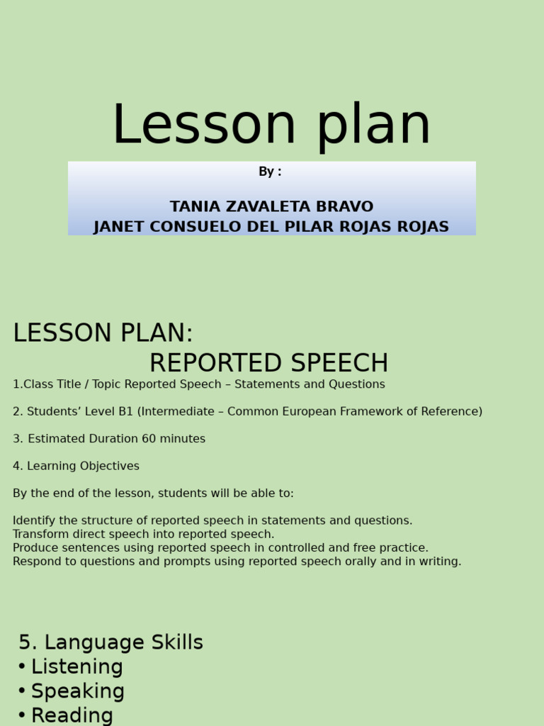 Lesson Plan Reported Speech | PDF | Speech | Linguistics