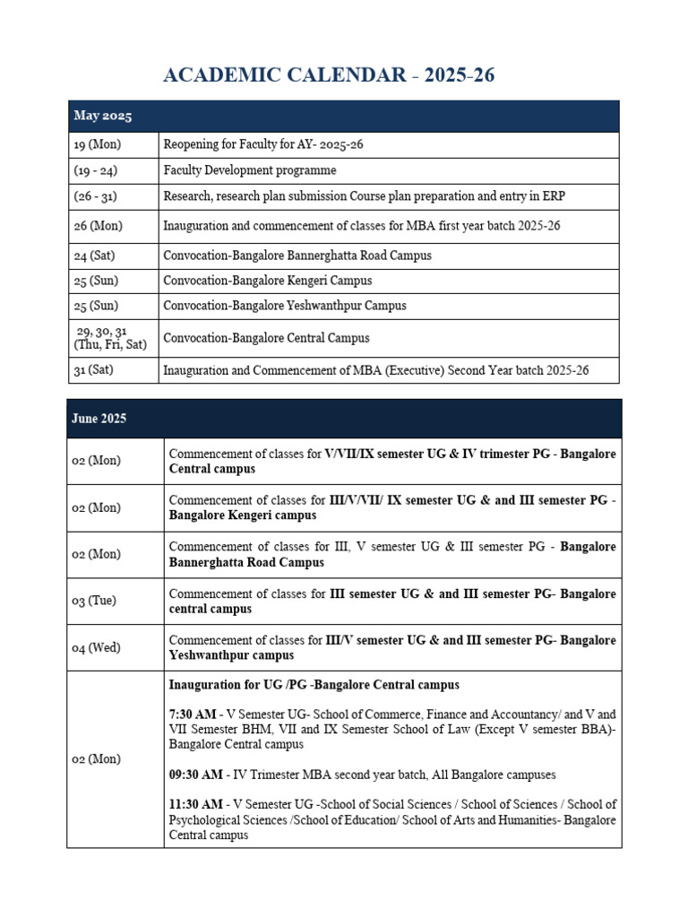 Christ University Academic Calendar 2025-26 | PDF | Academic Term ...