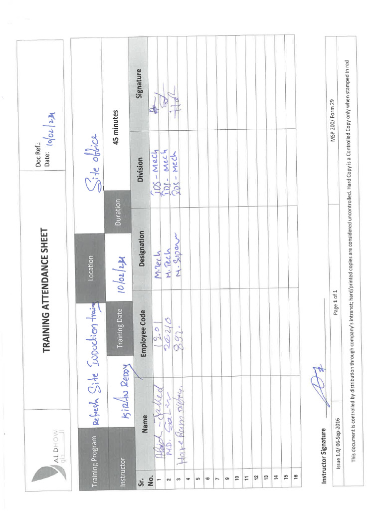 Induction Training Attendance Sheet-Ids042 | PDF