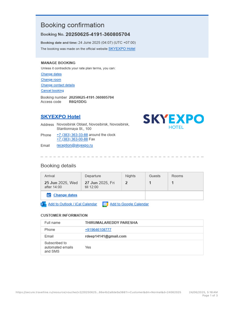 Booking Confirmation. Booking No. 422323 | PDF